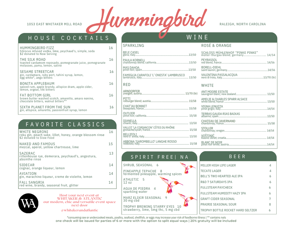 Menu — Hummingbird