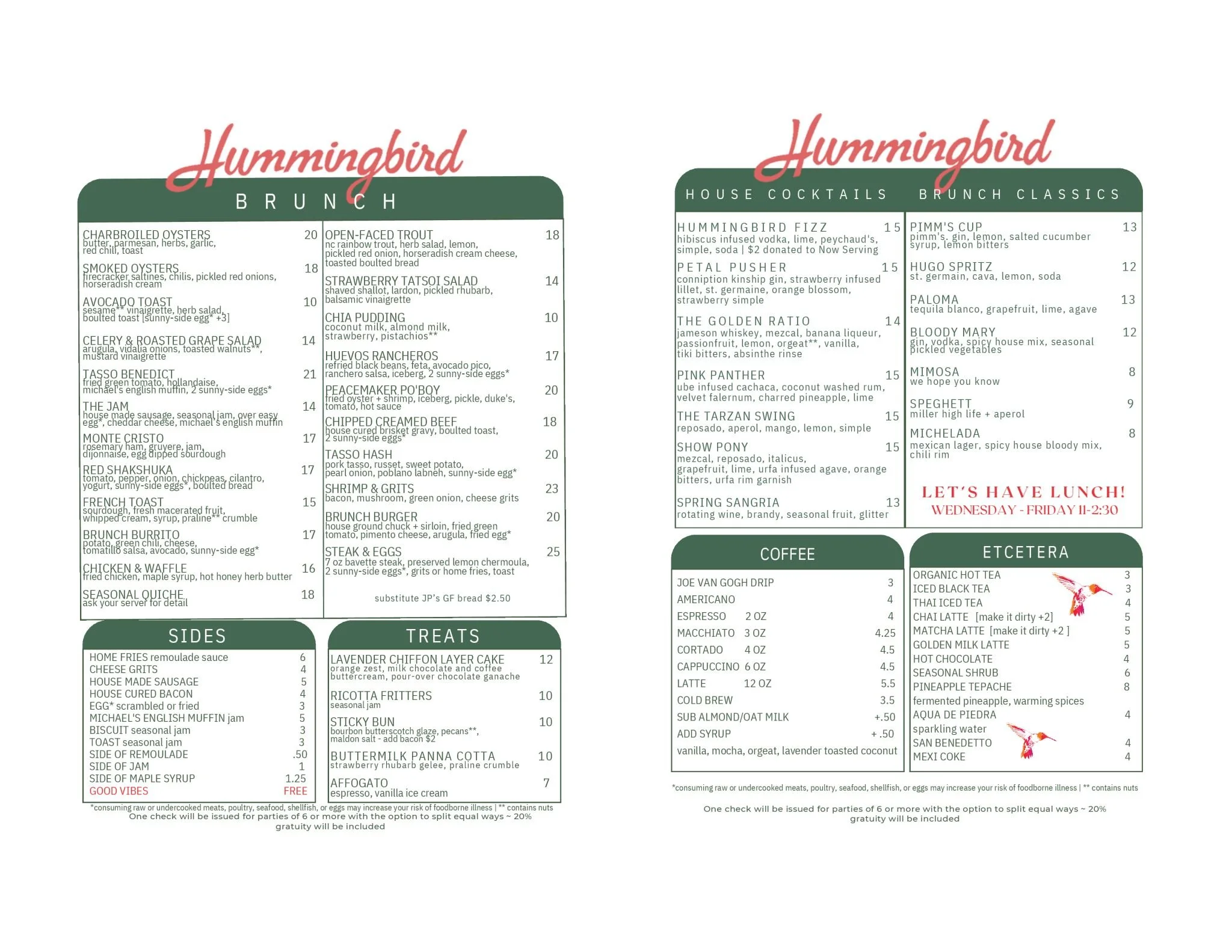 Menu — Hummingbird