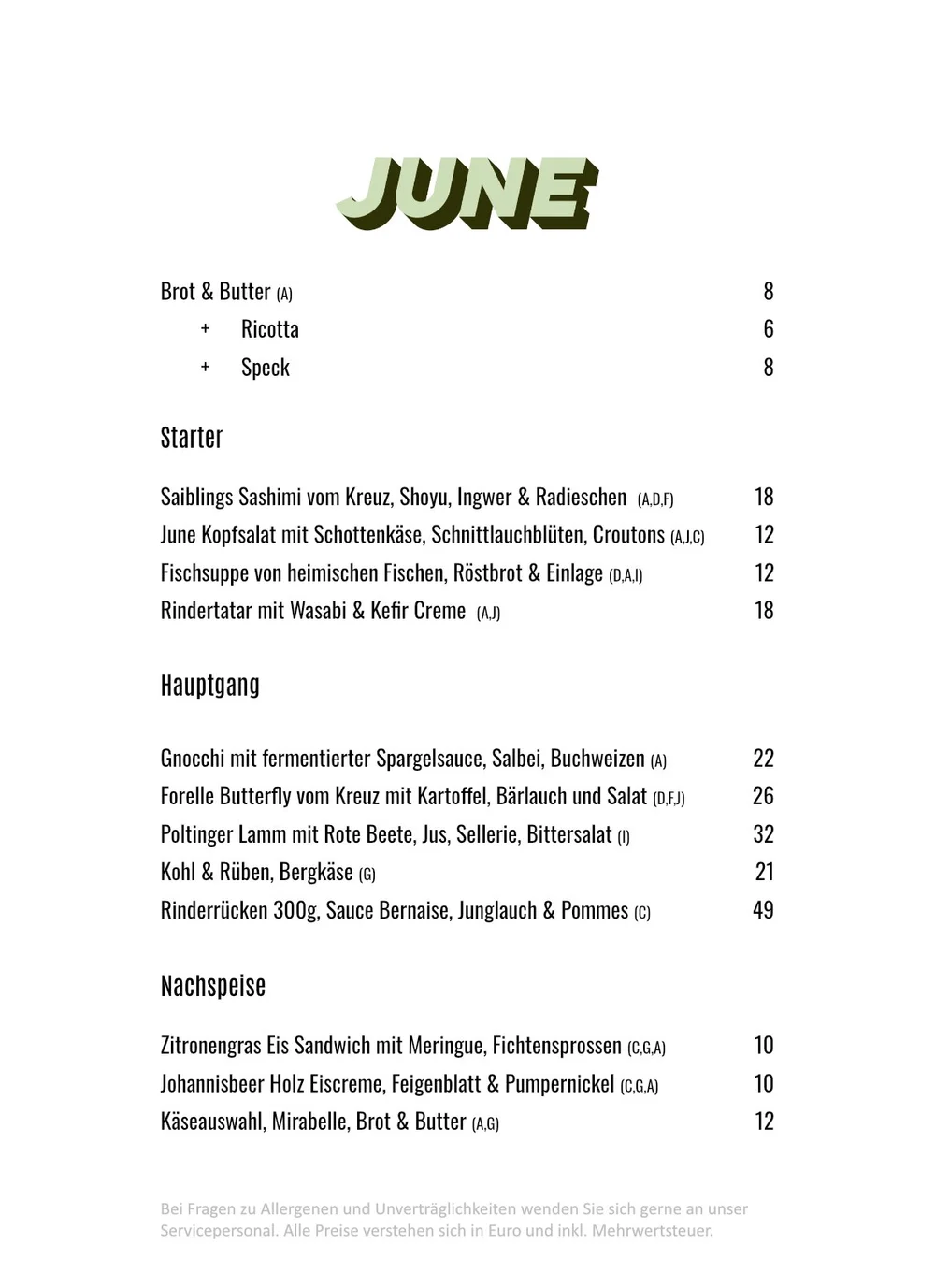 Menü — June Restaurant