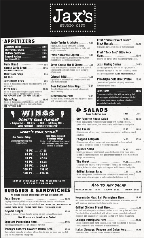 Full Menu — Jax's Studio City
