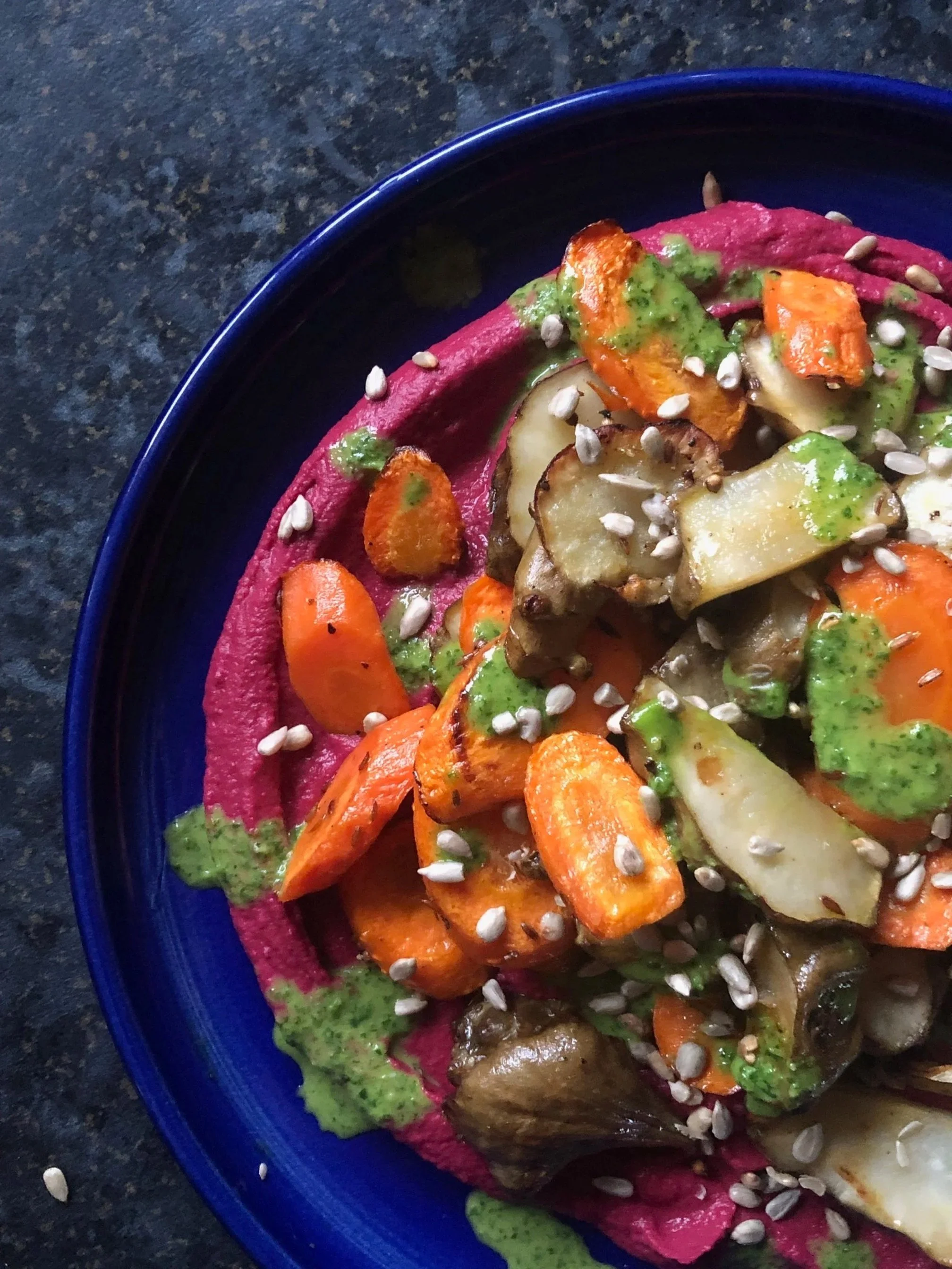 Roasted Jerusalem Artichoke on hummus — Laurelbank Farm