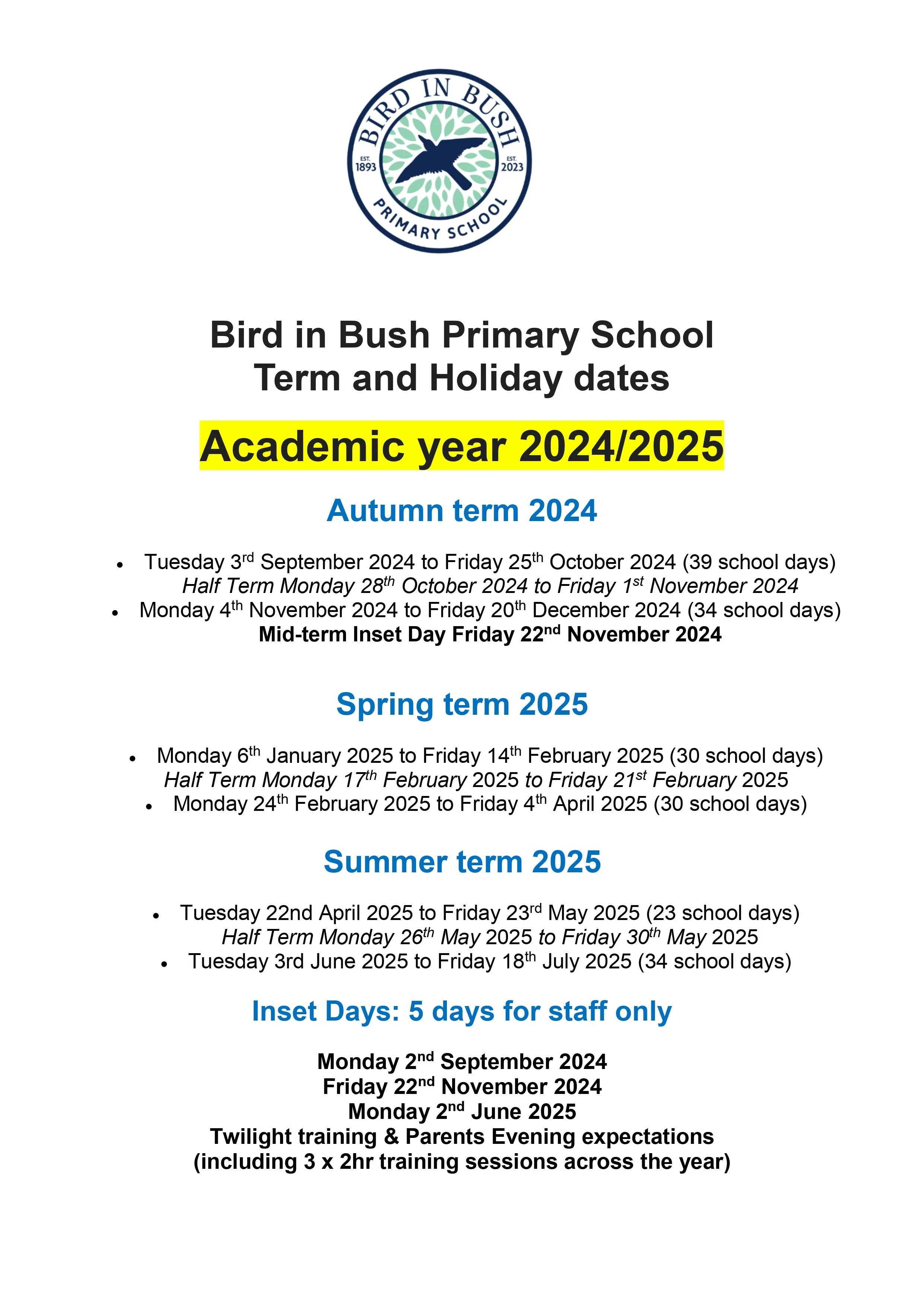 Term Dates — Bird In Bush