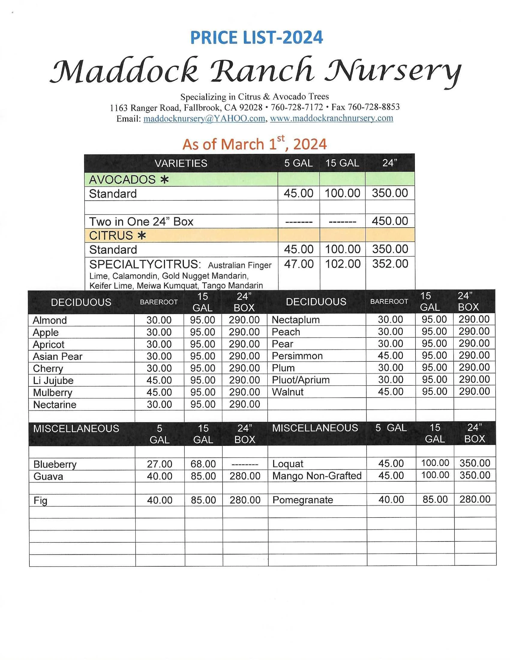 Prices — Maddock Ranch Nursery