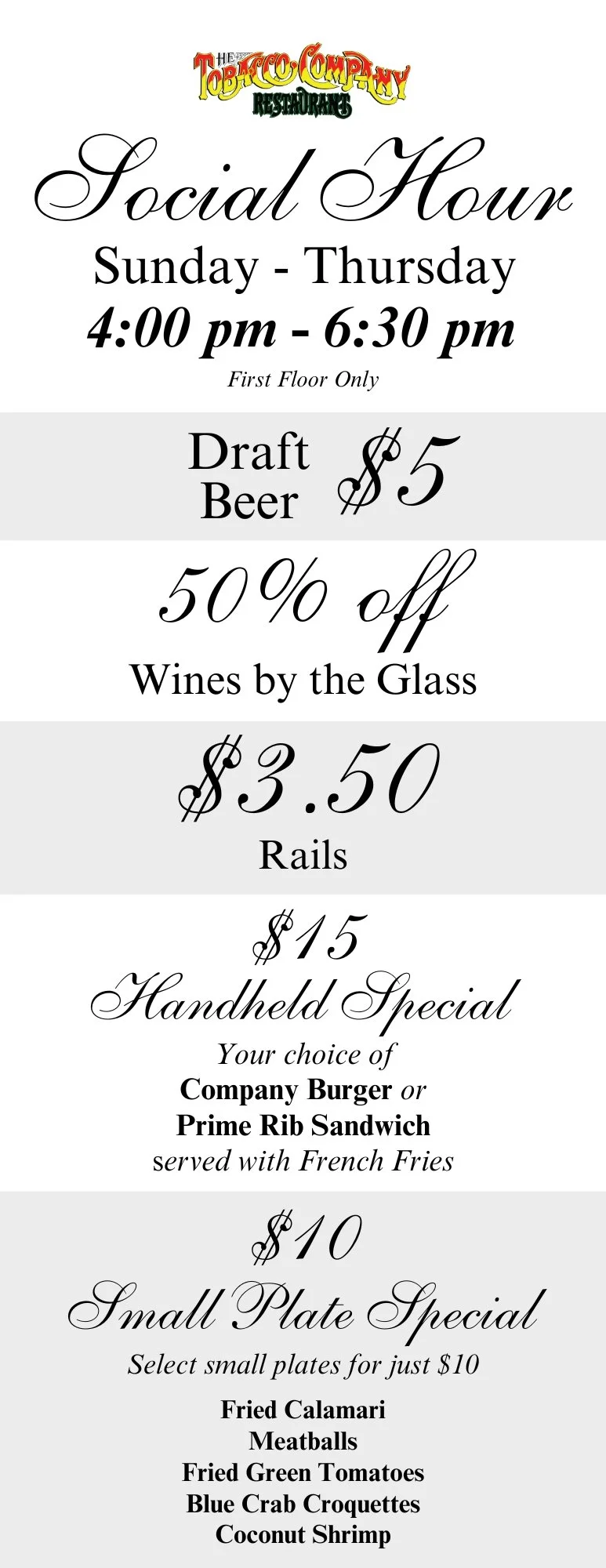 Social Hour Menu — The Tobacco Company Restaurant