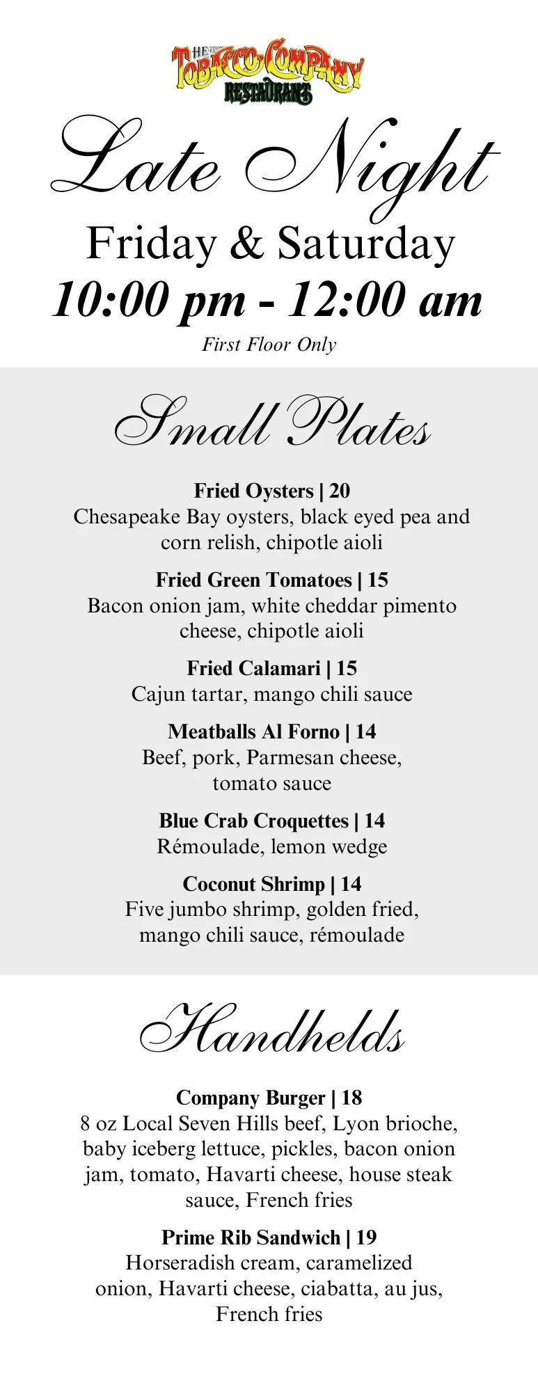 Late Night Menu — The Tobacco Company Restaurant