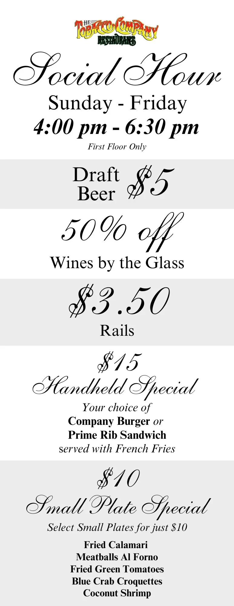 Social Hour Menu — The Tobacco Company Restaurant