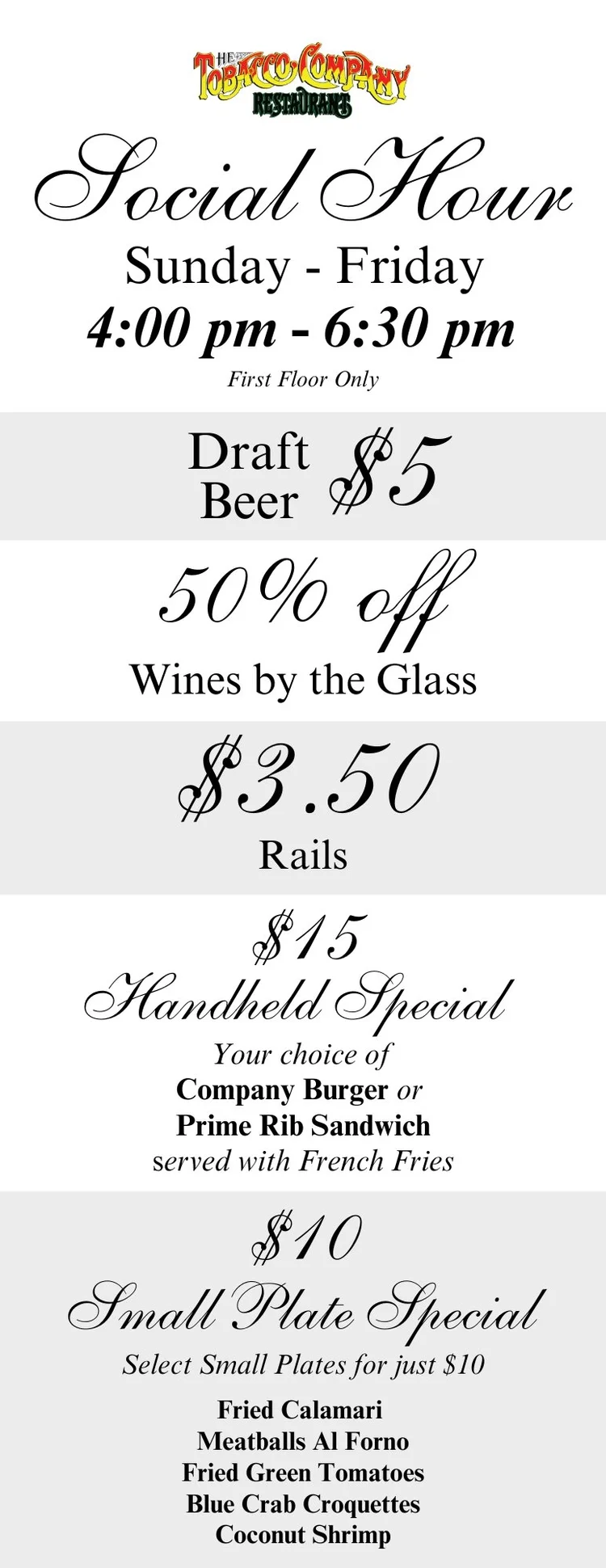 Social Hour Menu — The Tobacco Company Restaurant