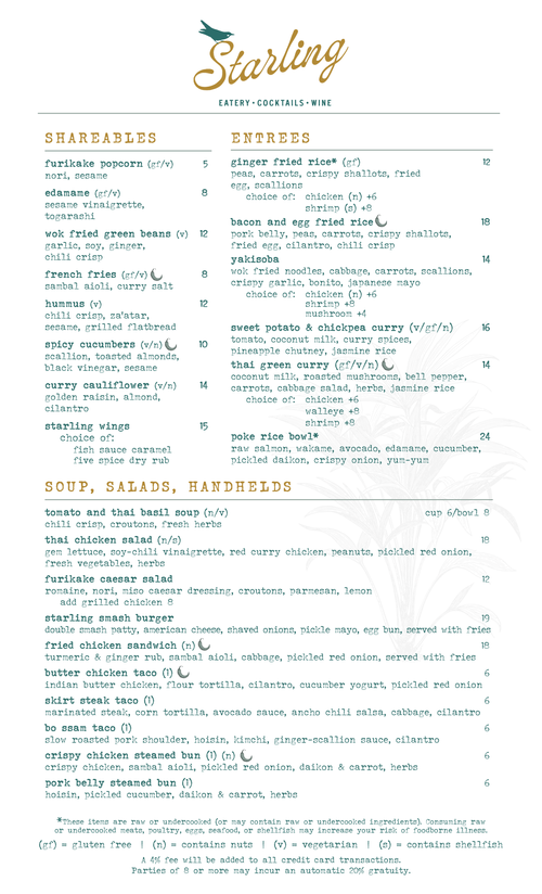 Dinner | Daily at 4pm | Dine-in, Take-out & Delivery — Starling ...