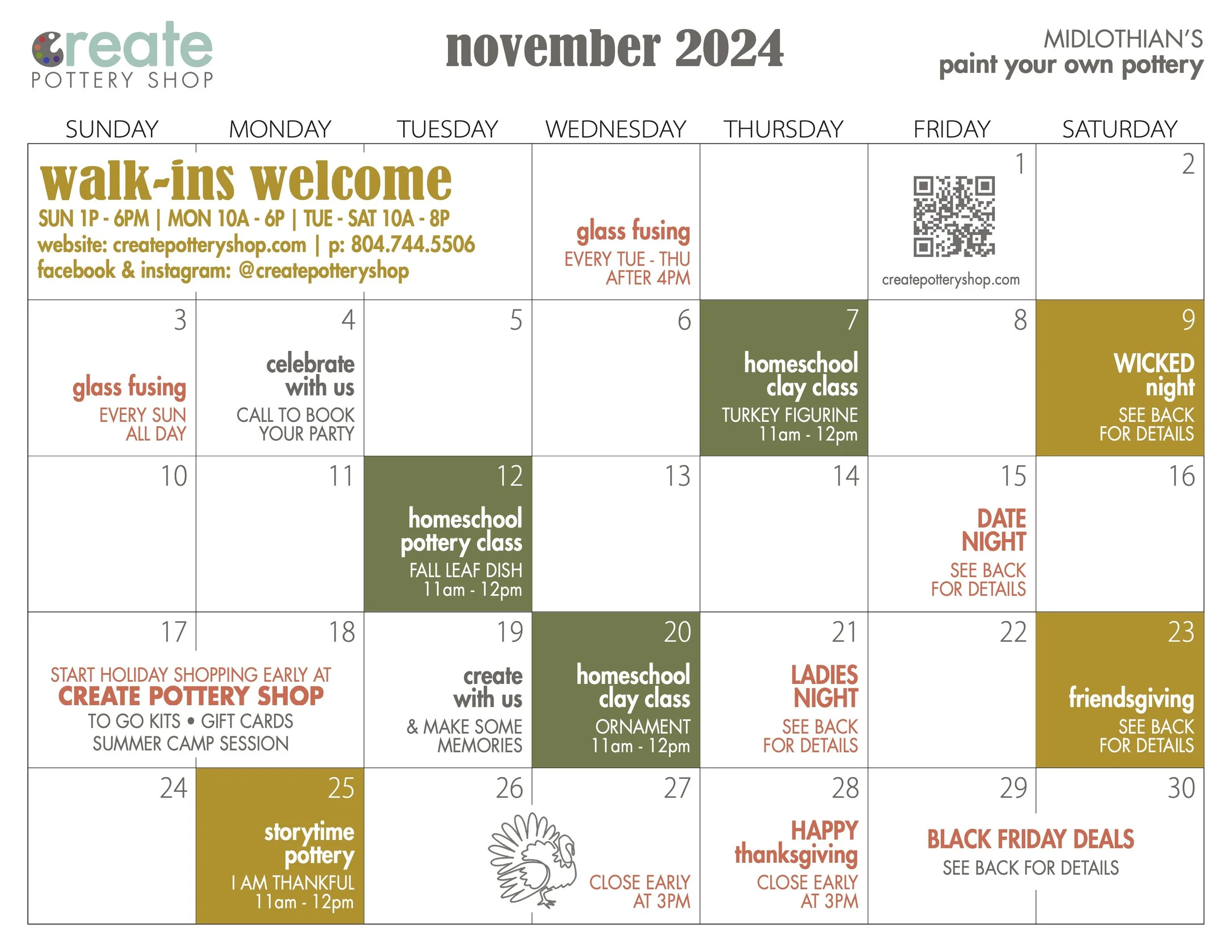 Calendar — CREATE Pottery Shop