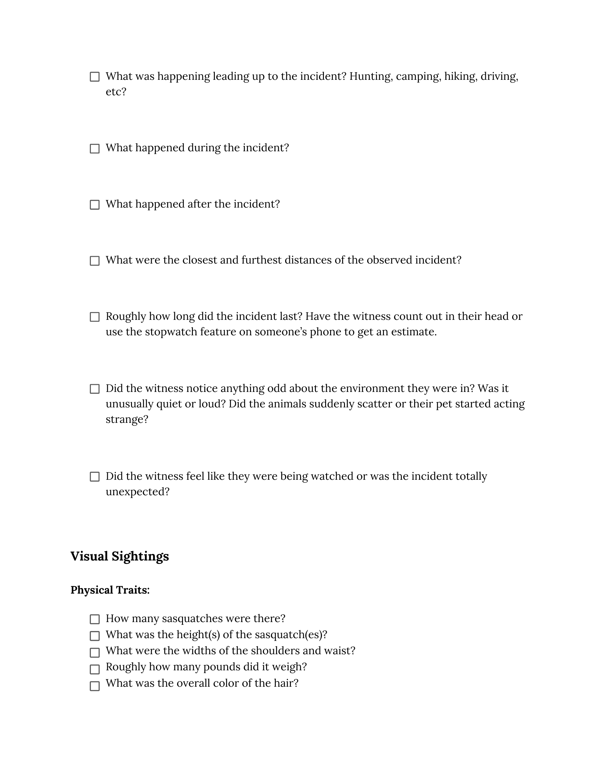 Witness Interview Worksheet — Sasquatch Data Project