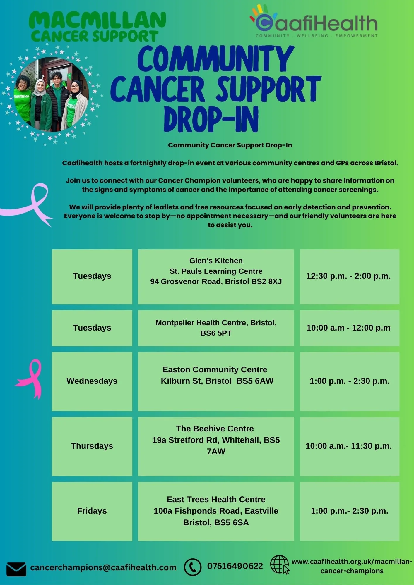 Cancer Champions Community drop in locations — Caafi Health