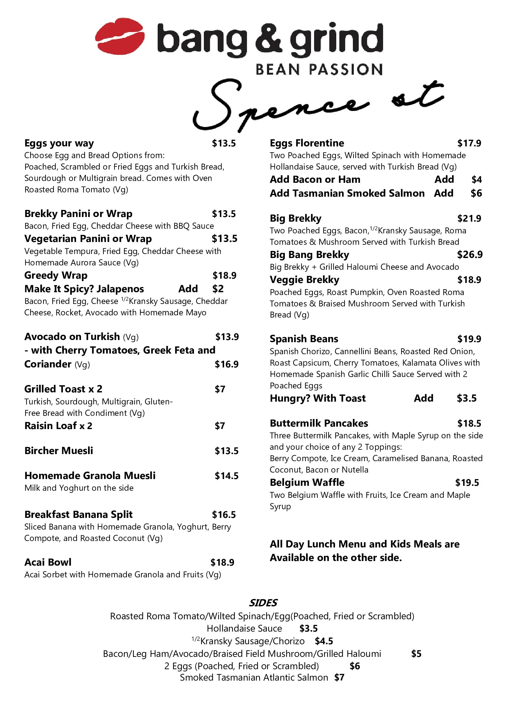 Menu 1 — Bang and Grind Café Spence st