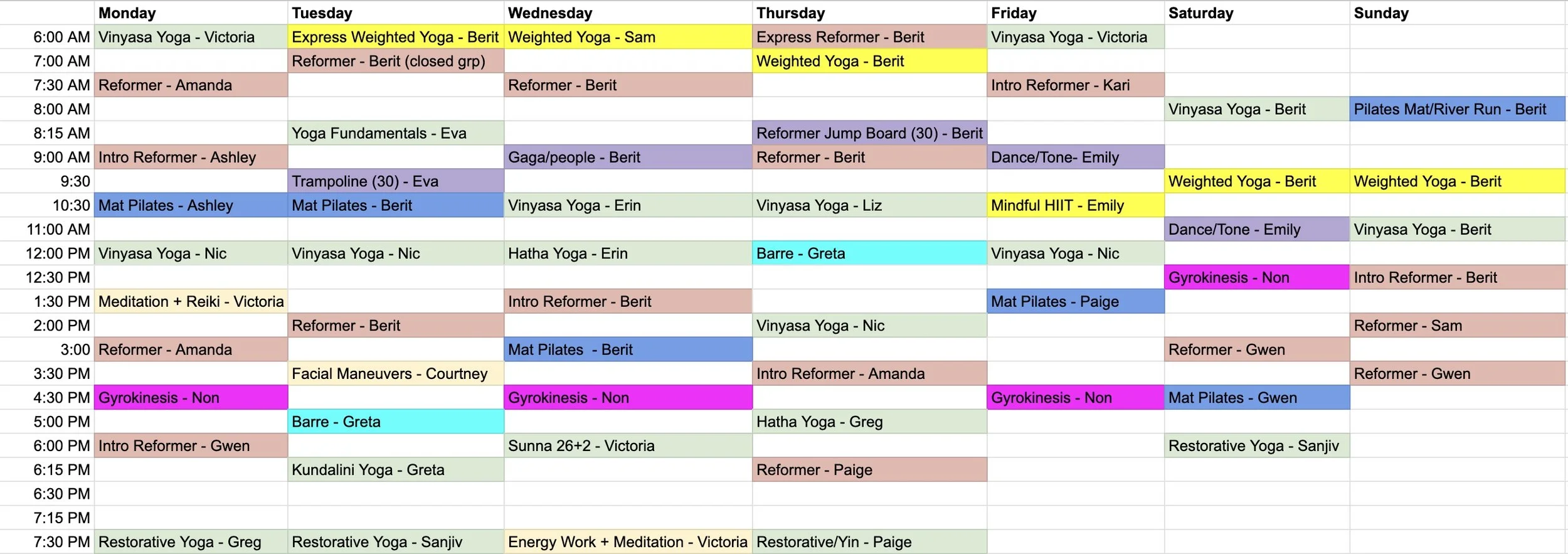 Group Class Schedule — Sunna