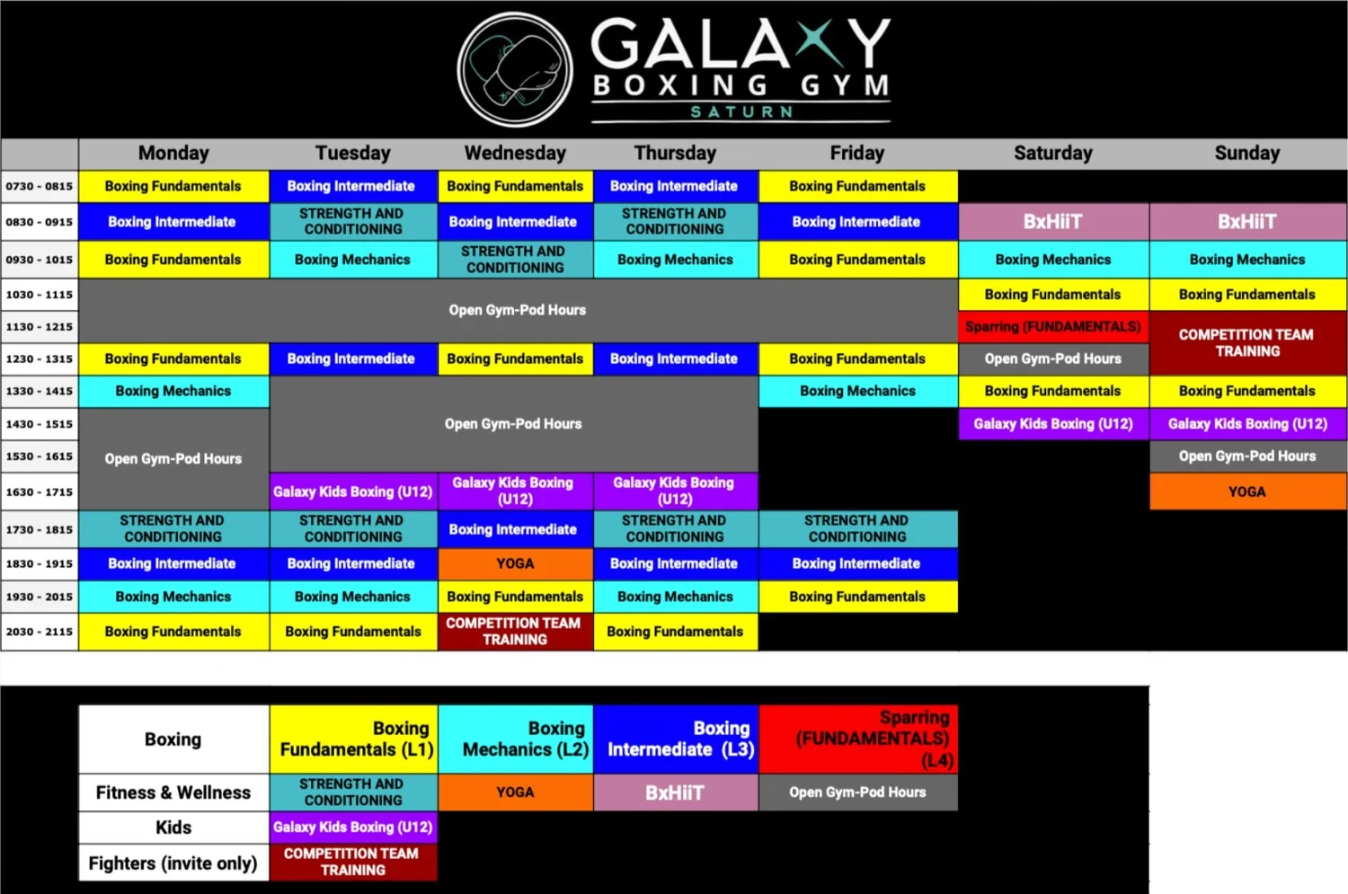 Class Timetable — Galaxy Boxing Gym