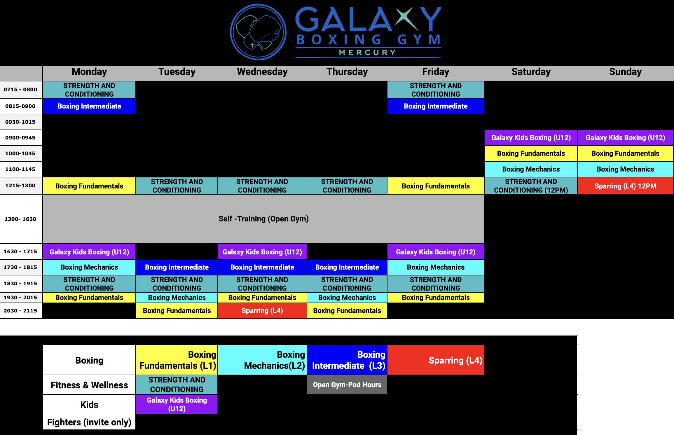 Class Timetable — Galaxy Boxing Gym