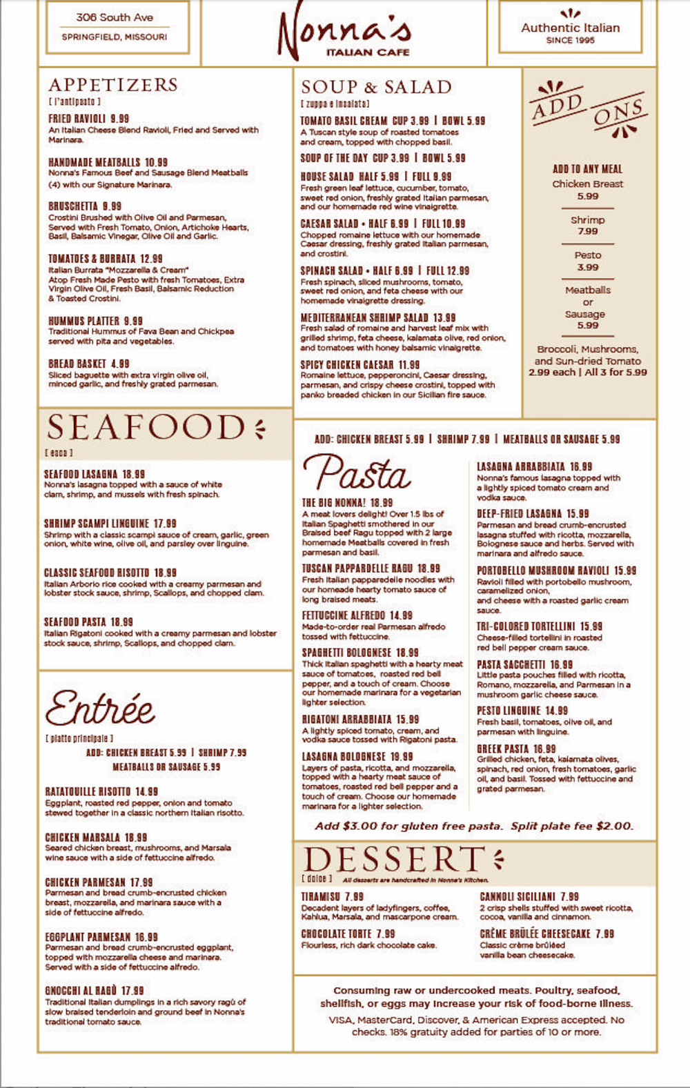 Menu — Nonna's Restaurant | Nonna's Italian Travel