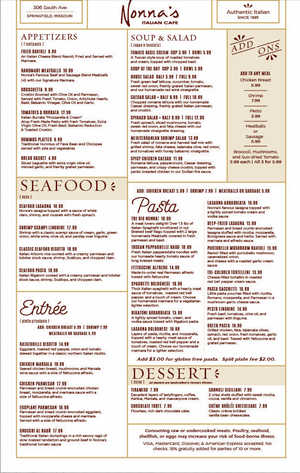 Menu — Nonna's Restaurant | Nonna's Italian Travel