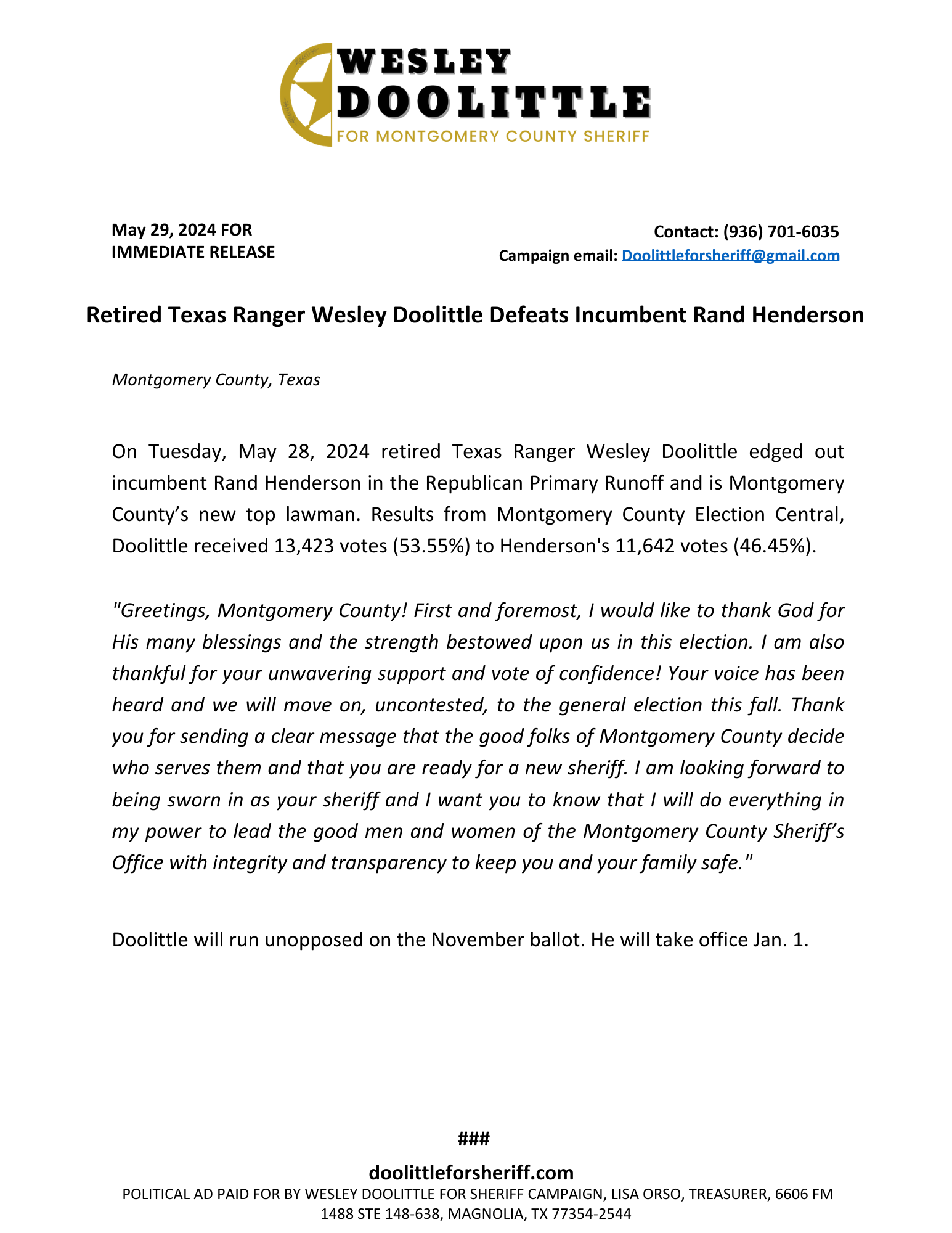 News — Wesley Doolittle For Montgomery County Sheriff