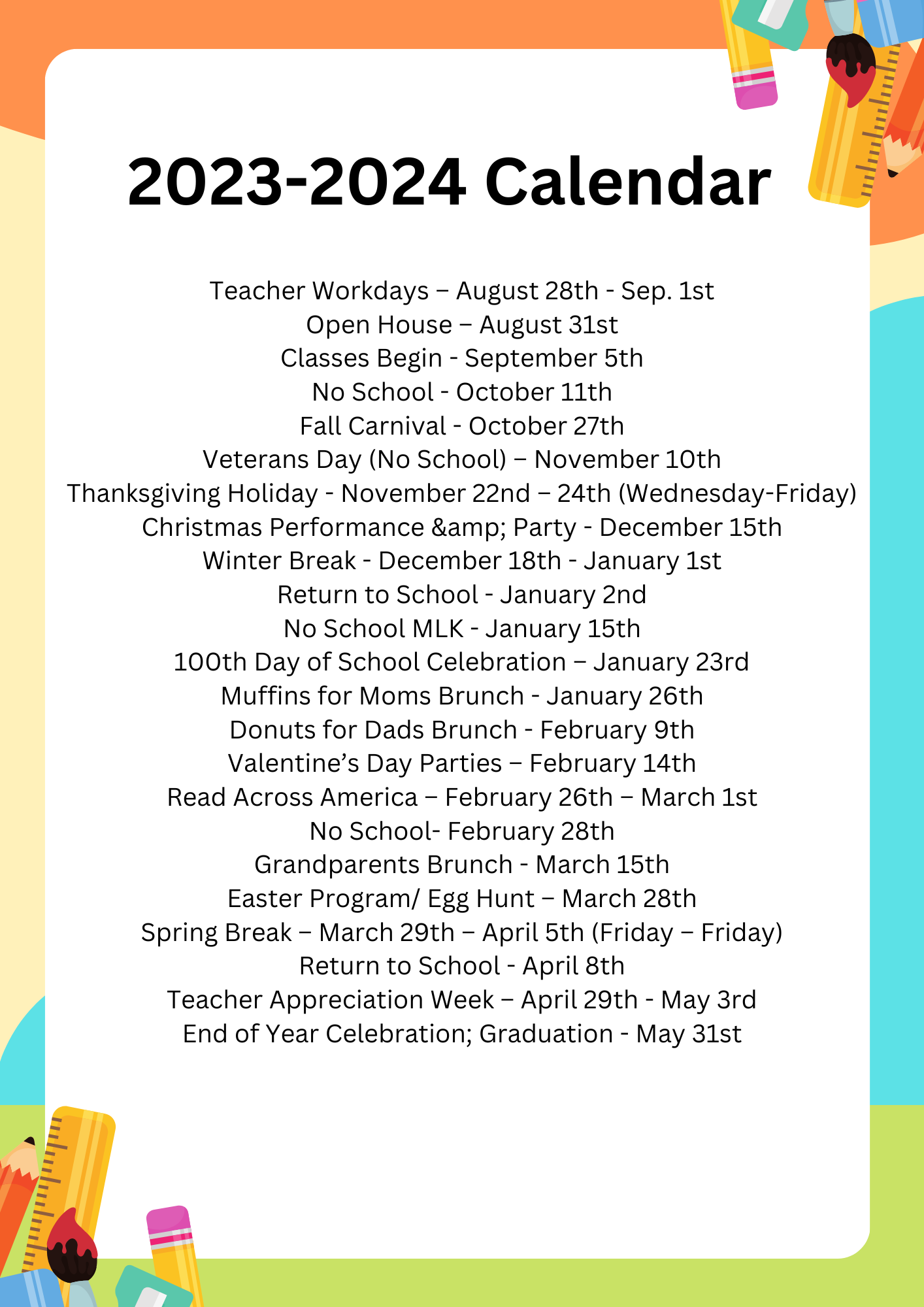 Calendar — HP Weekday School