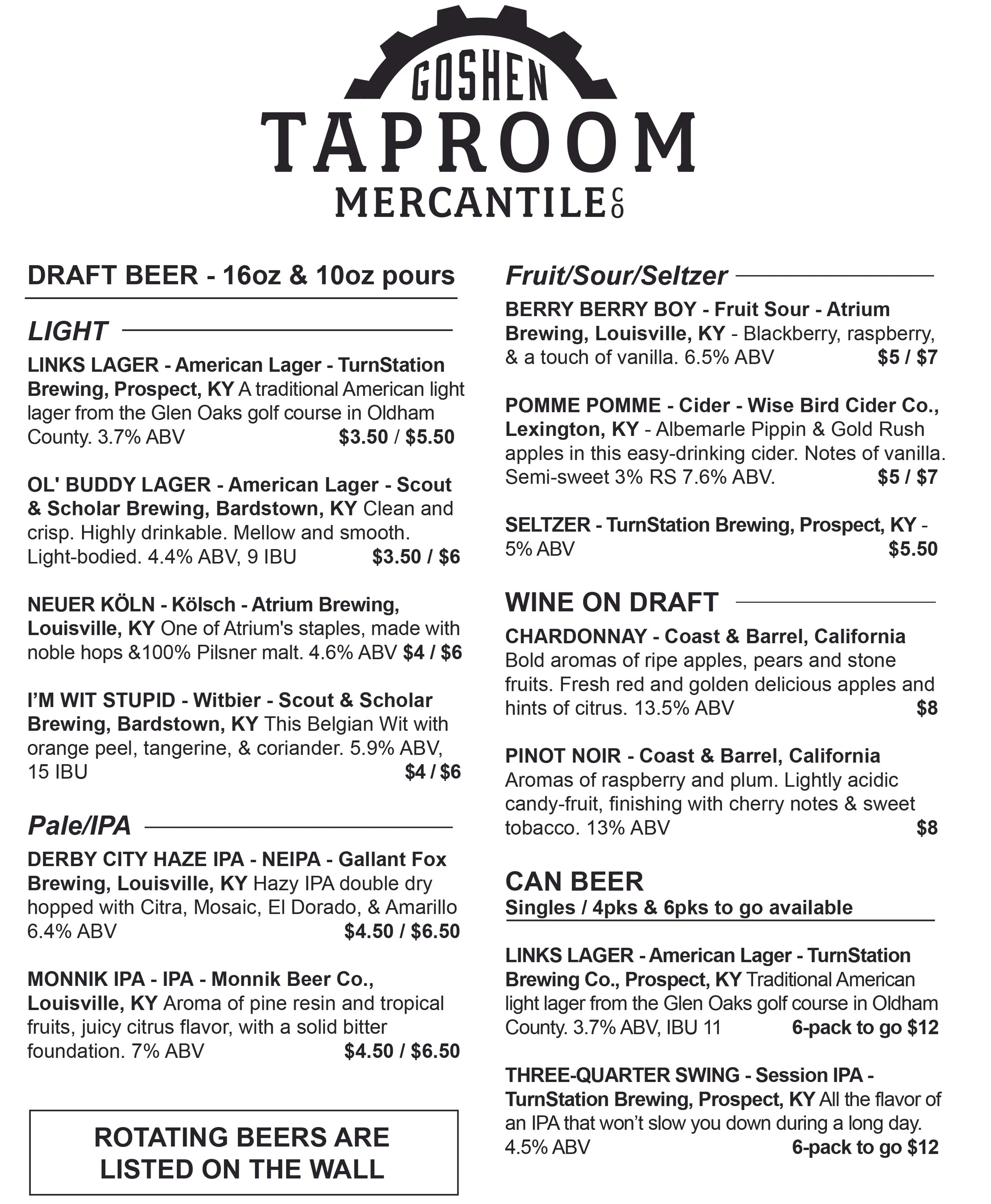 Menu — Goshen Mer Co. Taproom