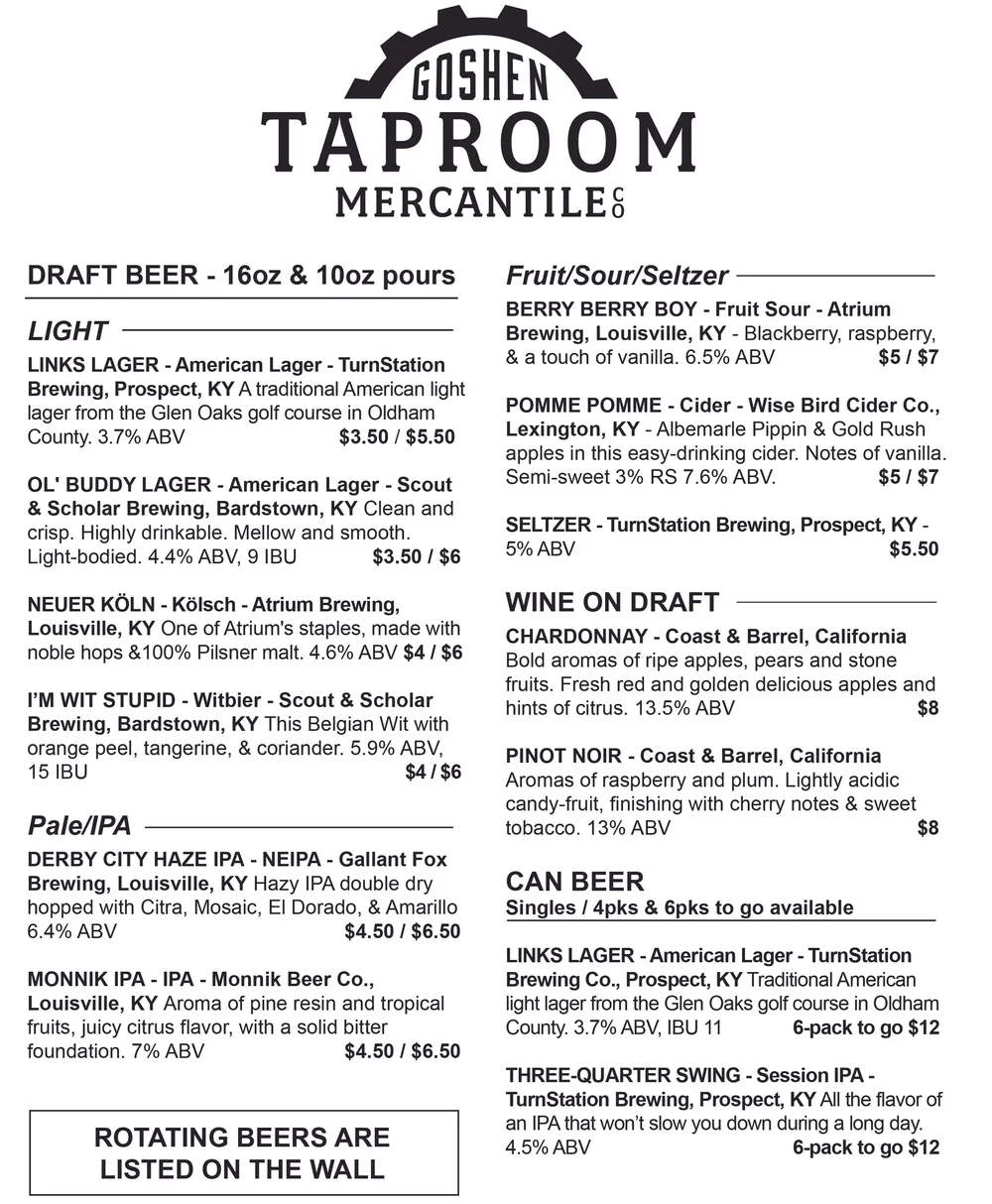 Menu — Goshen Mer Co. Taproom