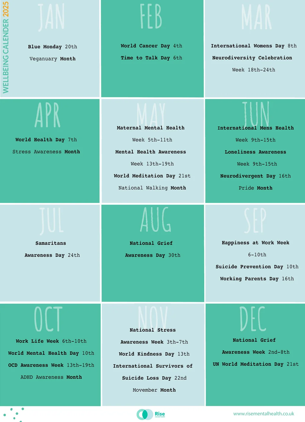 Rise Mental Health Wellbeing Calendar 2025 — Rise Mental Health