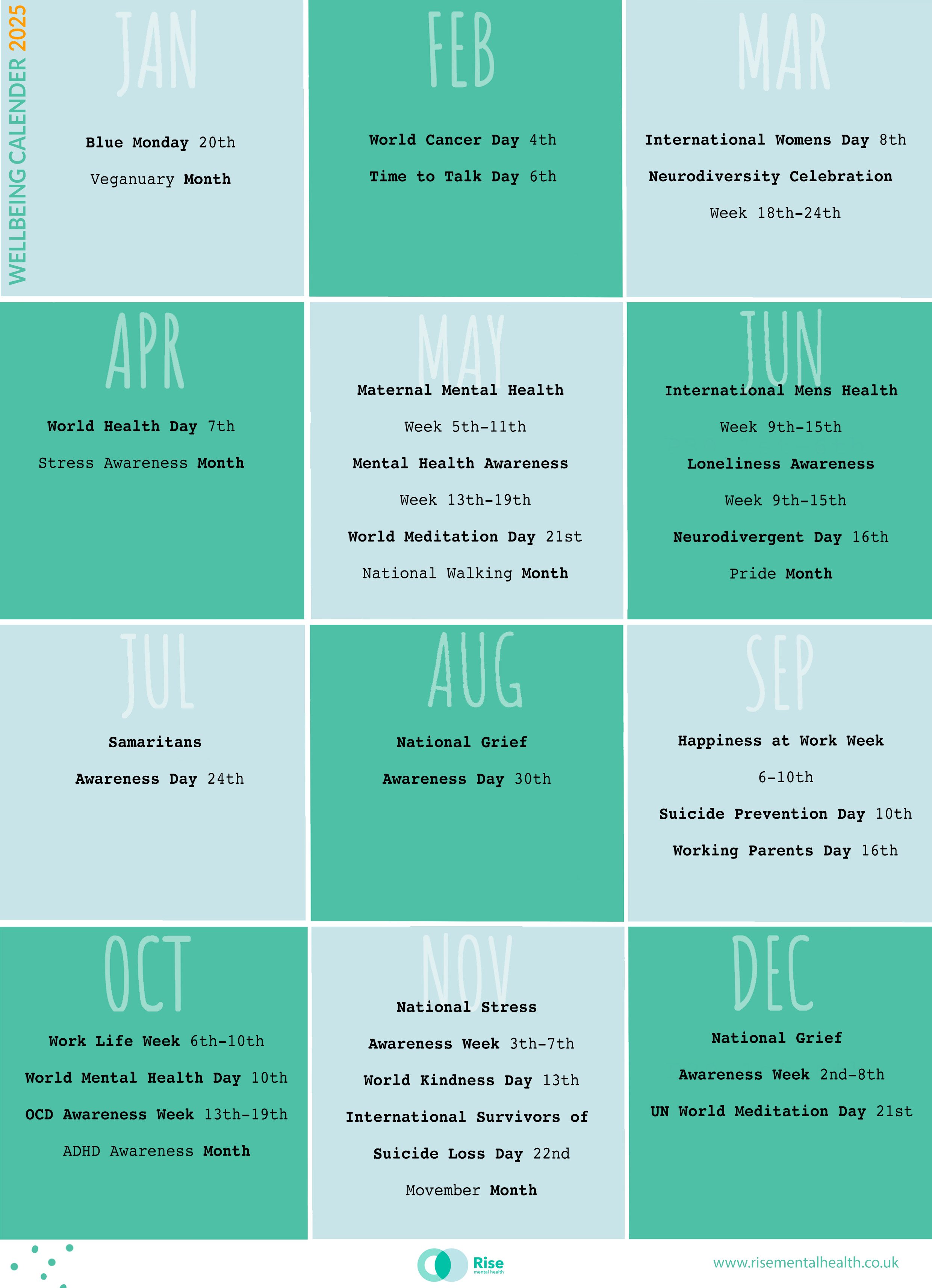 Rise Mental Health Wellbeing Calendar 2025 — Rise Mental Health