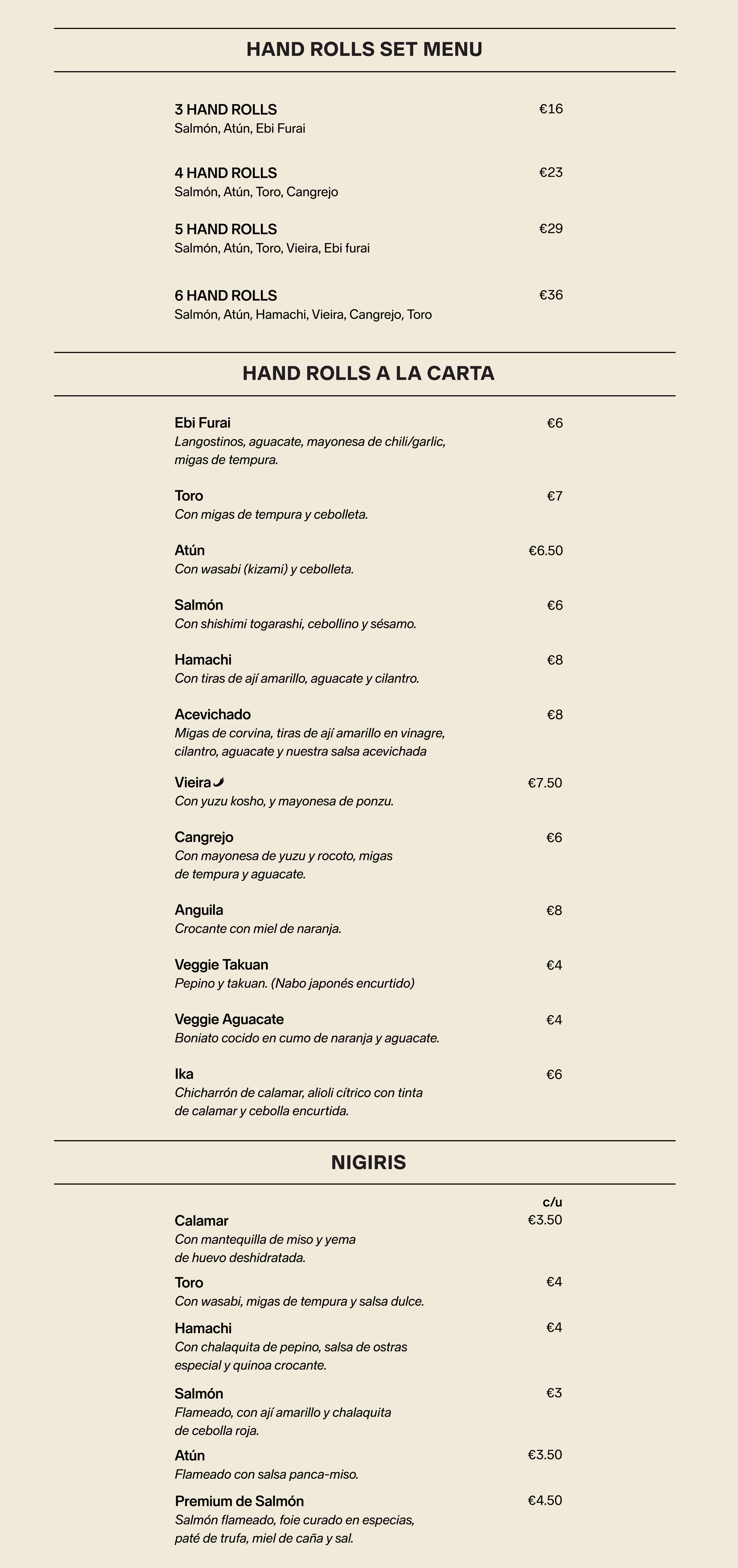 Menu — Akiro Hand Roll Bar