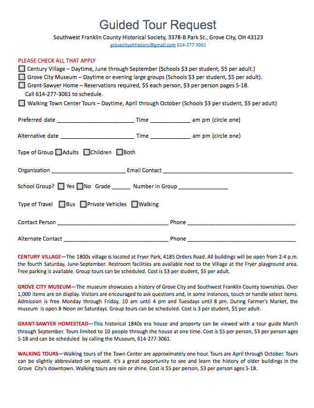 Tour Requests — Southwest Franklin County HIstorical Society