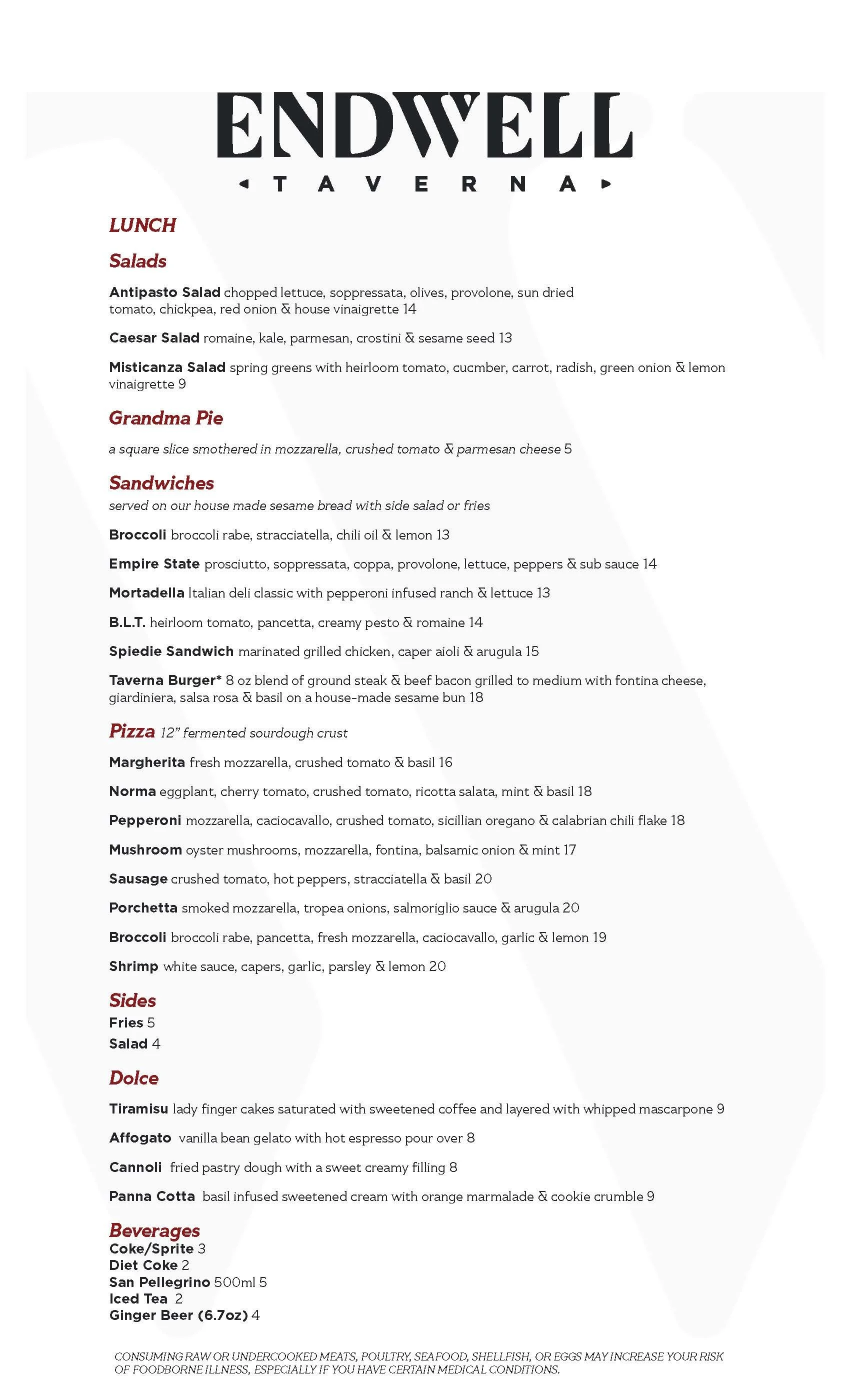 Menu — Endwell Taverna