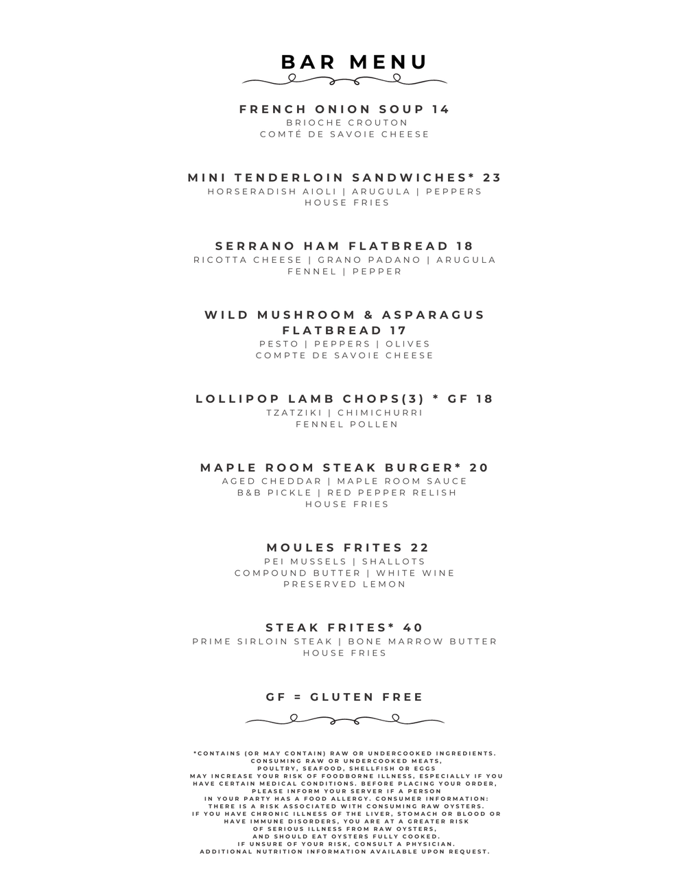 Bar Menu — The Maple Room