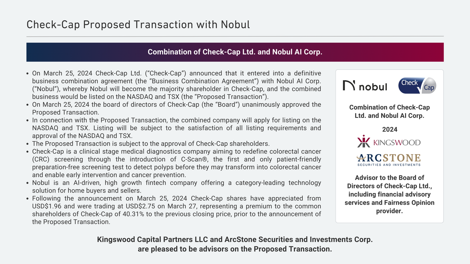 Case Study - Check-Cap Ltd. and Nobul AI Corp. Fairness Opinion — ArcStone Securities and ...