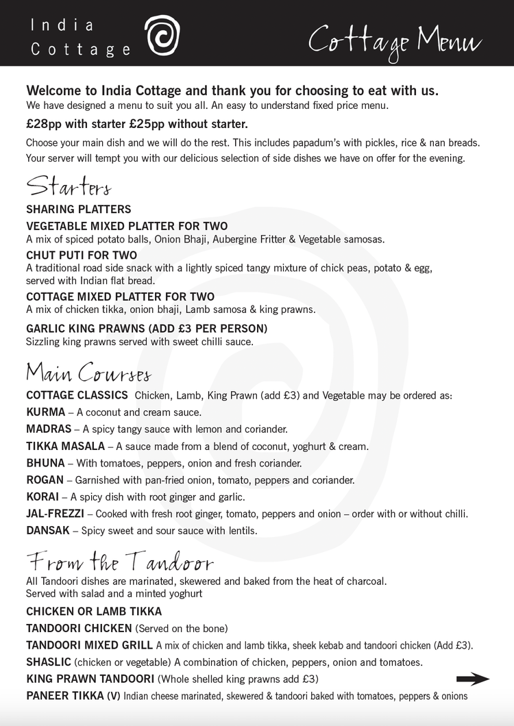Dining Menu — India Cottage