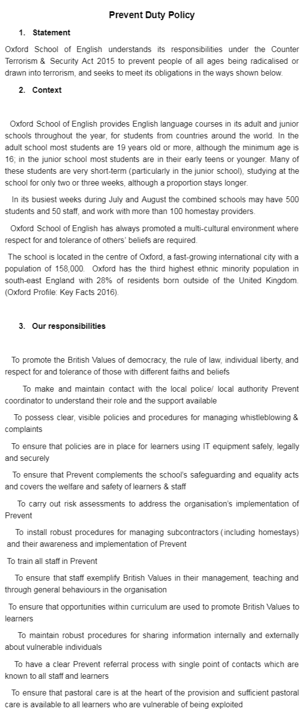 Prevent Duty Policy — Oxford School of English