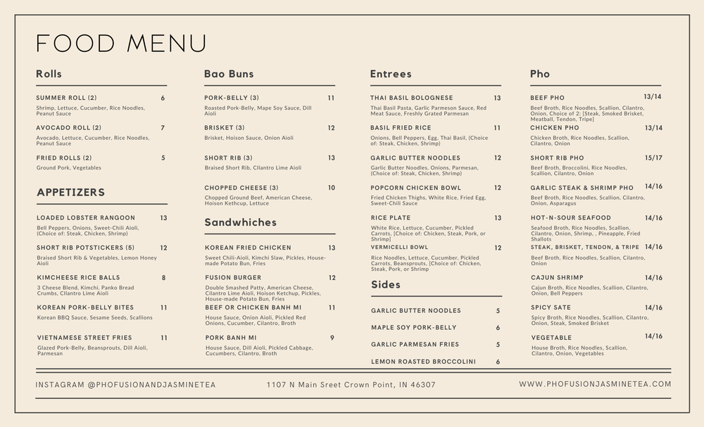 Menu — Pho Fusion + Jasmine Tea