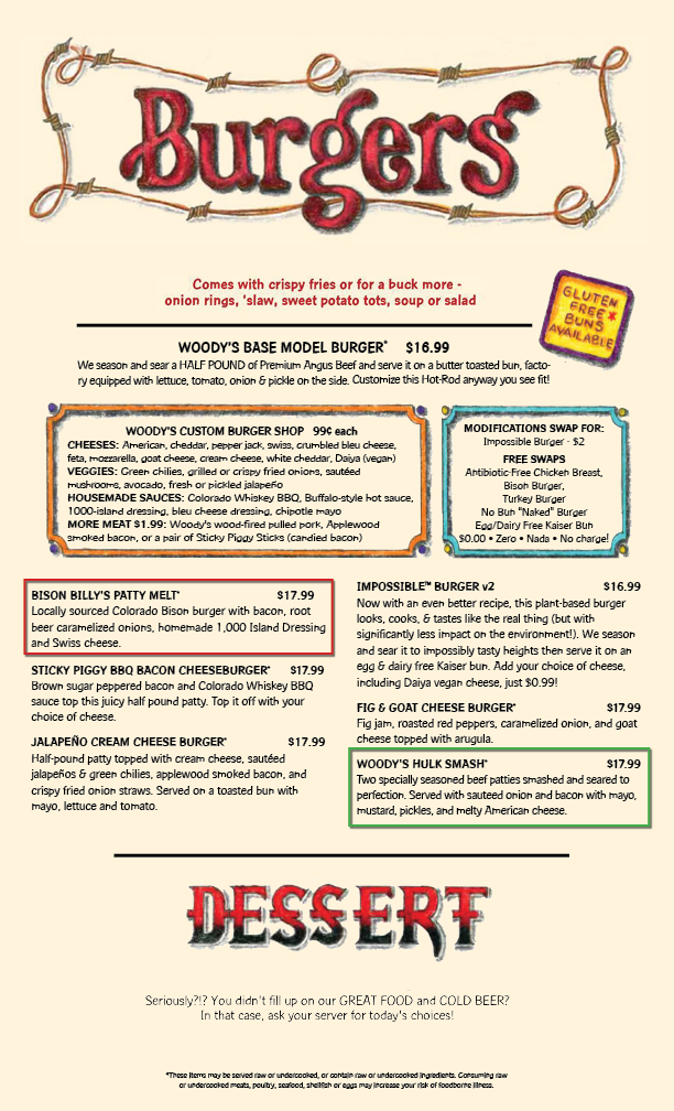 Dine-In Food Menu & Drink Menu — Woody's Wood-Fired Pizza