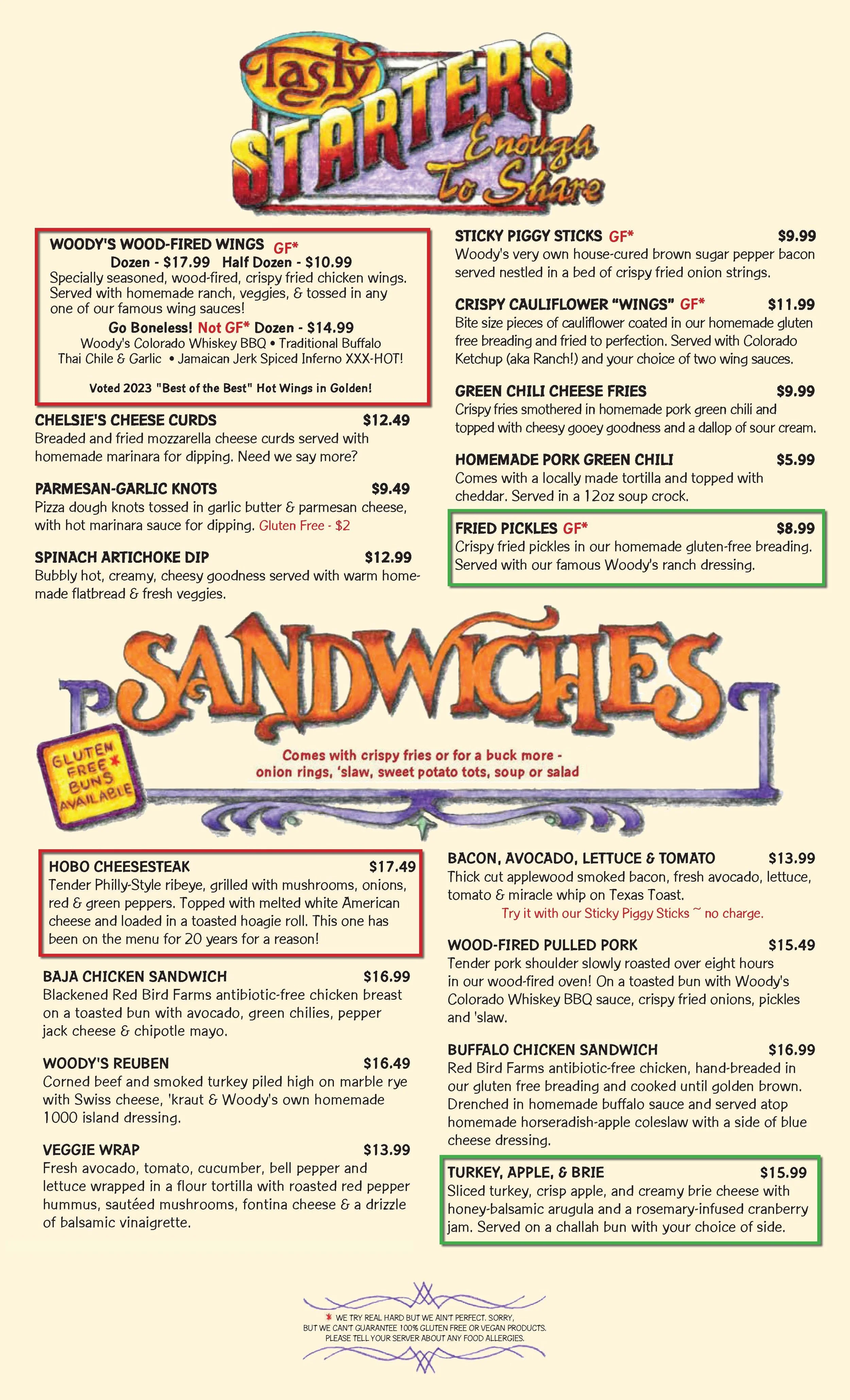 Dine-In Food Menu & Drink Menu — Woody's Wood-Fired Pizza