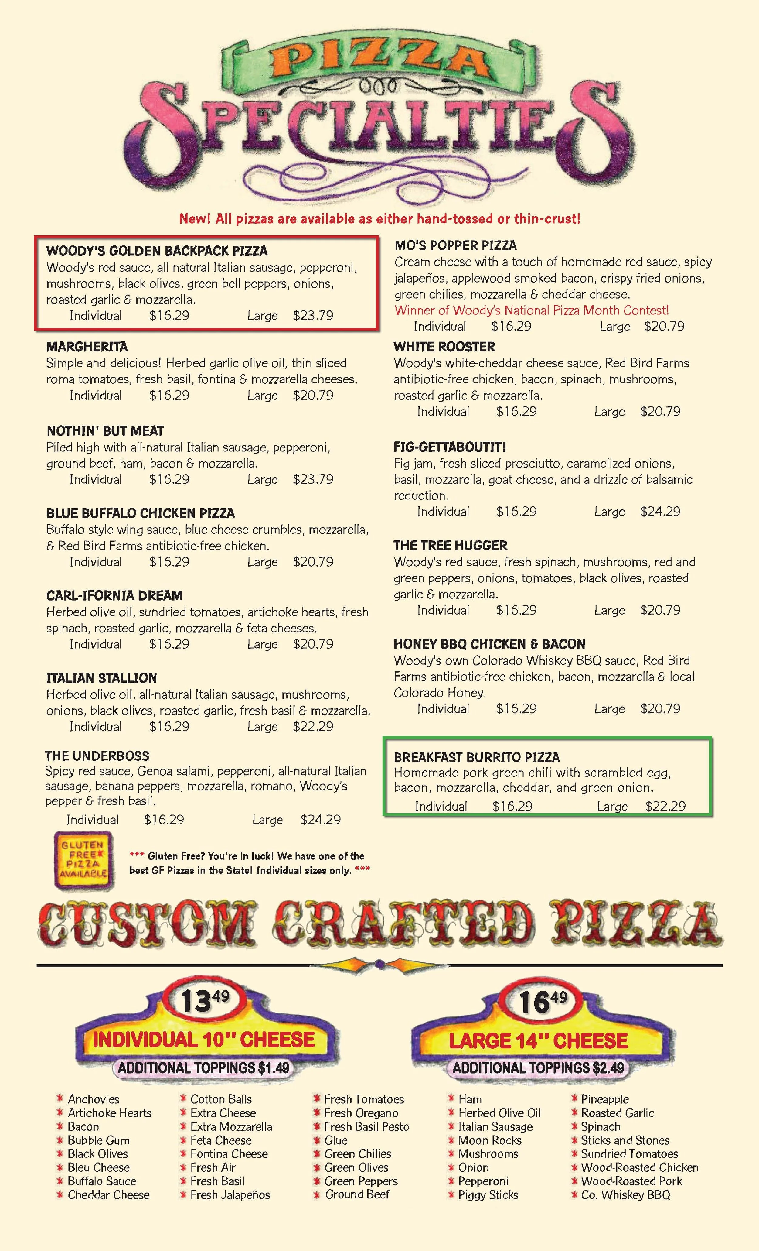 Dine-In Food Menu & Drink Menu — Woody's Wood-Fired Pizza