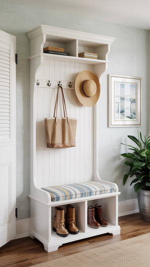 Small Coastal Entryway Bench Ideas with Storage — Celeste's Coastal Cottage