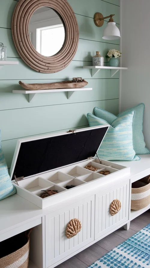 Small Coastal Entryway Bench Ideas with Storage — Celeste's Coastal Cottage