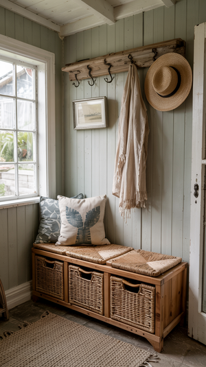 Small Coastal Entryway Bench Ideas with Storage — Celeste's Coastal Cottage