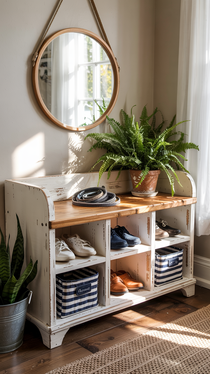 Small Coastal Entryway Bench Ideas with Storage — Celeste's Coastal Cottage