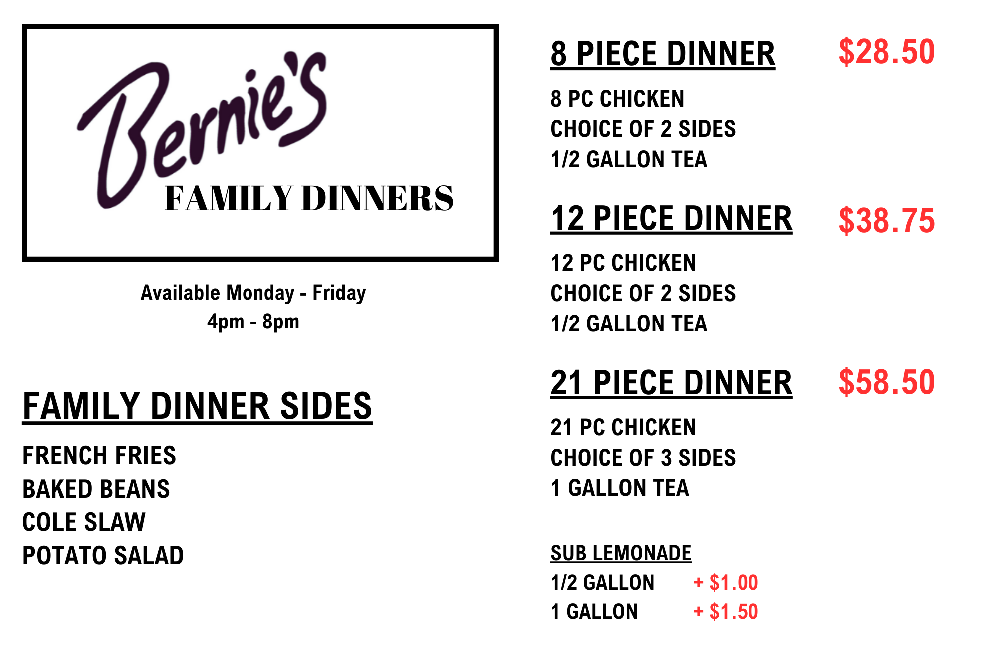 Family Dinners — Bernie's Chicken