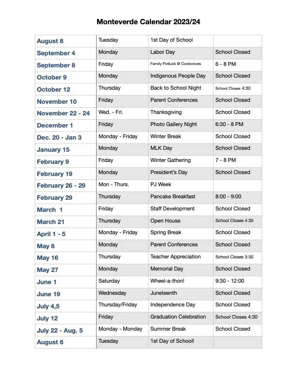 Calendar — Monteverde - a Berkeley Reggio Pre-School