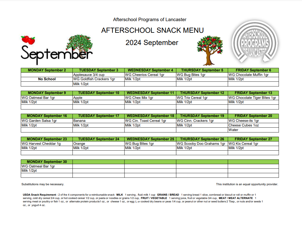 Monthly Menus — Afterschool Programs of Lancaster