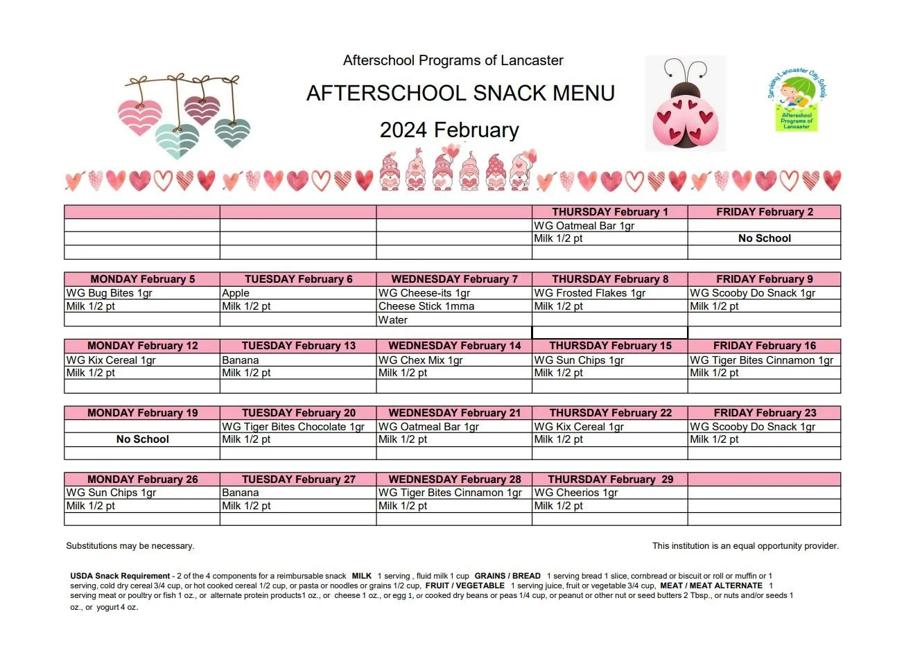 Monthly Menus — Afterschool Programs of Lancaster