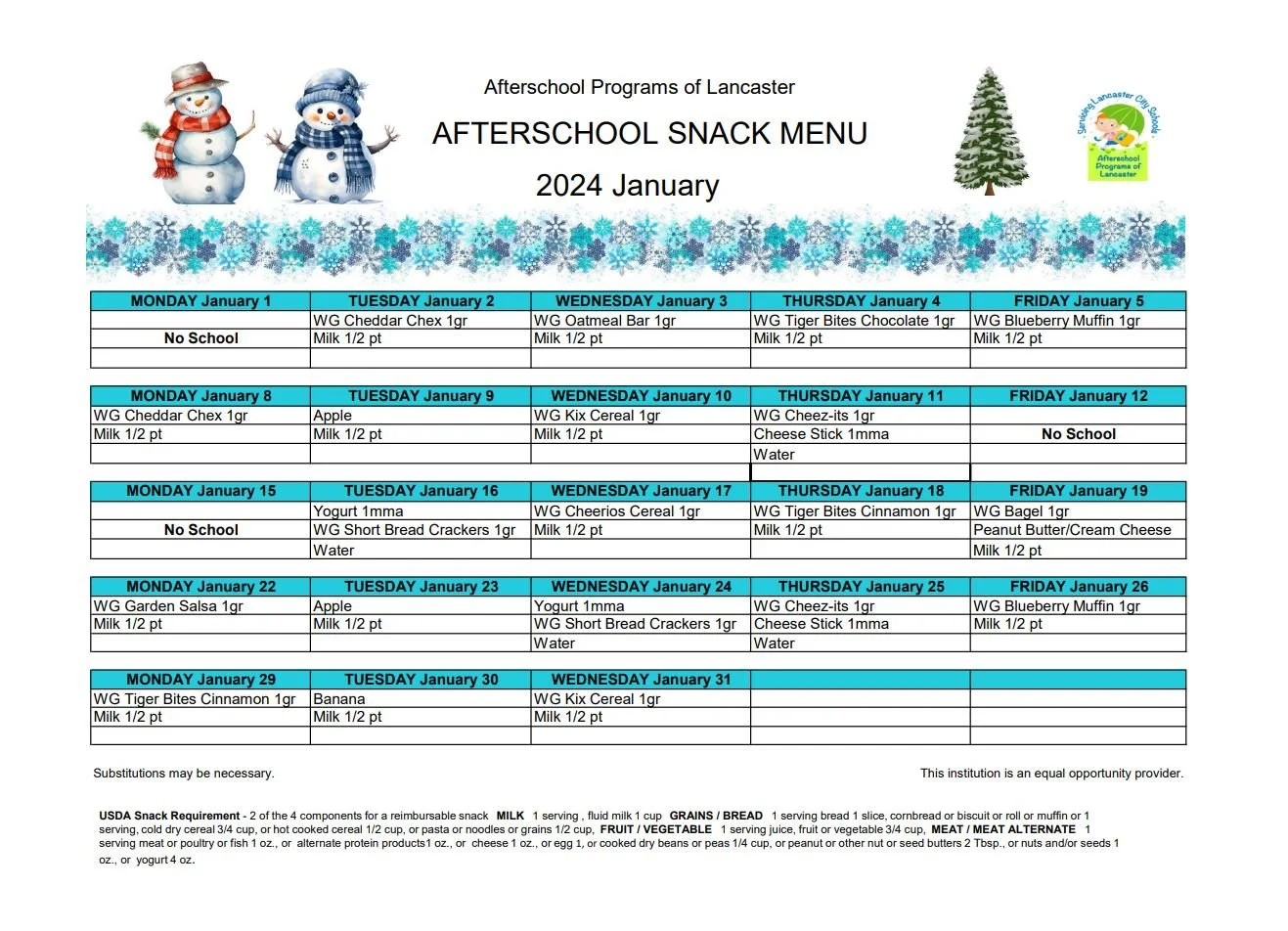 Monthly Menus — Afterschool Programs of Lancaster