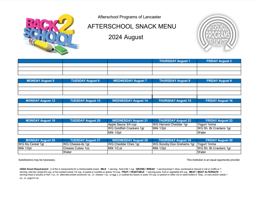 Monthly Menus — Afterschool Programs of Lancaster