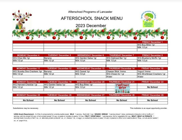Monthly Menus — Afterschool Programs of Lancaster