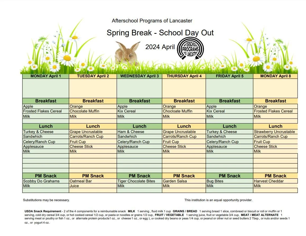 Monthly Menus — Afterschool Programs of Lancaster